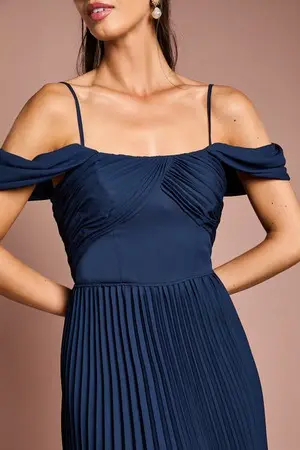 Coast Bardot Pleated Maxi Bridesmaid Dress - Navy