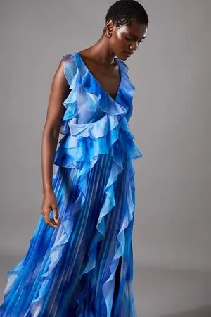 Coast Sleeveless V-neck Chiffon Maxi Dress With Frills And Pleated Skirt