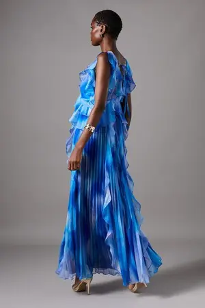 Coast Sleeveless V-neck Chiffon Maxi Dress With Frills And Pleated Skirt