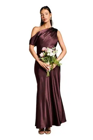 Coast Satin One Shoulder Fishtail Maxi Dress - Espresso