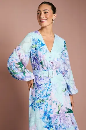 Coast Long Sleeve Chiffon Belted Maxi Dress - Blue