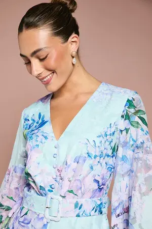 Coast Long Sleeve Chiffon Belted Maxi Dress - Blue