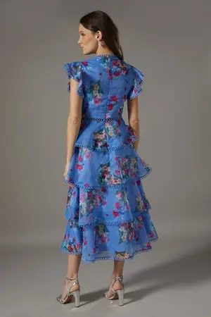 Coast Lace Trim Tiered Organza Floral Midi Dress