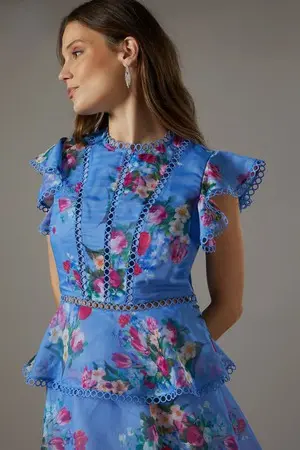 Coast Lace Trim Tiered Organza Floral Midi Dress
