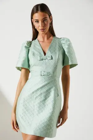 Coast Jacquard Bow Puff Sleeve Mini Dress - Mint