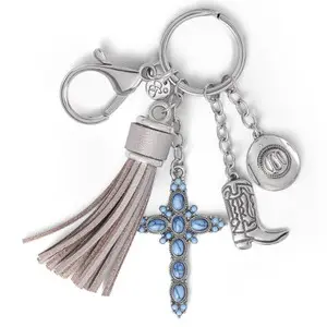 Jessica Simpson Western Cross & Tassel Charm Keychain - Silver/turquoise