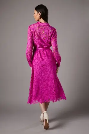 Coast Lace Collared Long Sleeve Midi Shirt Dress - Magenta