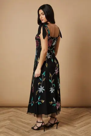 OASIS Floral Embellished Split Midi Dress - Black