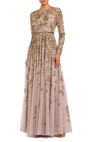 Mac Duggal Floral Embellished Tulle Gown - Mocha Multi