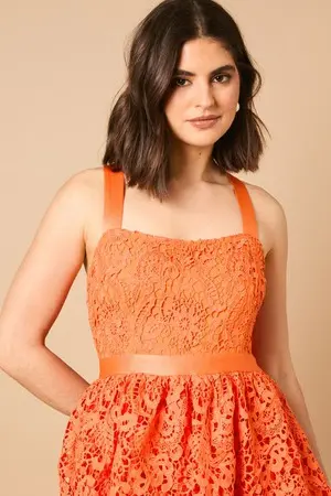 OASIS Cross Strap Tiered Lace Midi Dress