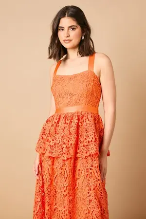 OASIS Cross Strap Tiered Lace Midi Dress