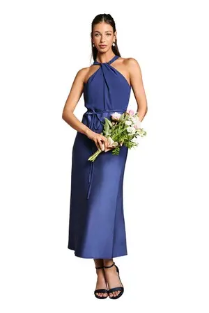 OASIS Satin Halter Neck Midi Dress - Navy