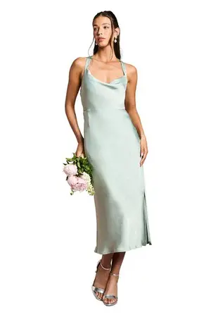 OASIS Satin Bridesmaids Dress With Cowl Neck And Cross-shoulder Design - Sage