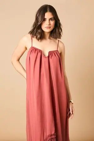 OASIS Babydoll Lace Maxi Dress - Rust