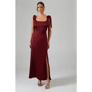 OASIS Satin Midi Dress With Tie Shoulders Wine