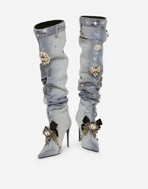 Dolce & Gabbana Patchwork Denim Boots With Embroidery