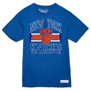 Mitchell & Ness Royal New York Knicks Striped Logo Lockup Premium T-shirt