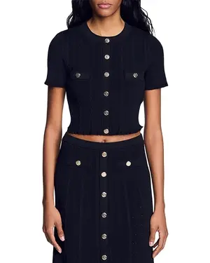Sandro Cropped Pointelle Knit Cardigan - Black
