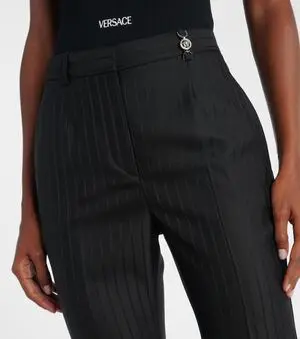 Versace Embellished Pinstripe Wool Flared Pants