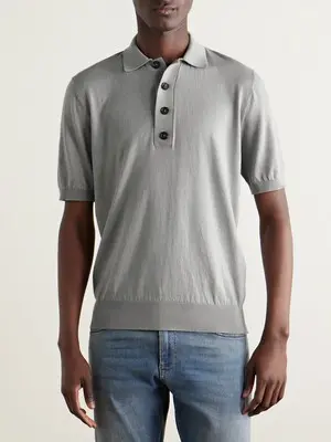 Eleventy Cotton And Cashmere-blend Polo Shirt - Gray