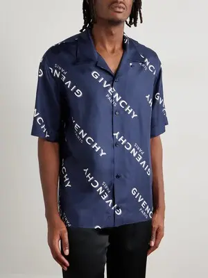 Givenchy Convertible-collar Logo-print Silk-twill Shirt