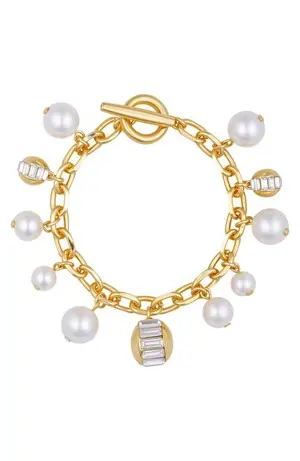 Vince Camuto Pearl Crystal Charm Bracelet Gold Tone