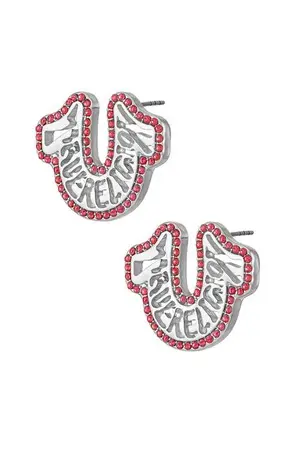True Religion Logo Horseshoe Stud Earrings - Silvertone