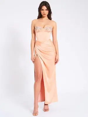 MISS CIRCLE NEW YORK Satin Corset Gown With Crystal Embellishments And Slit
