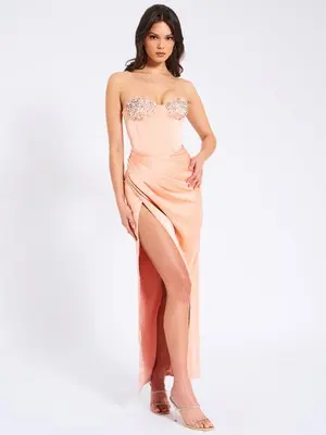 MISS CIRCLE NEW YORK Satin Corset Gown With Crystal Embellishments And Slit
