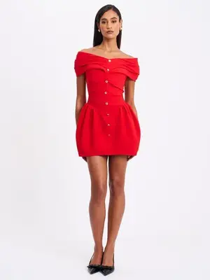 MISS CIRCLE NEW YORK Off-shoulder Mini Dress With Gold Button Detailing