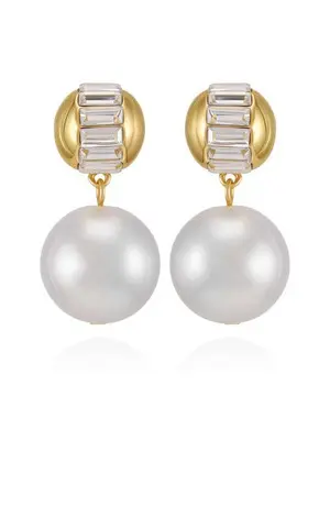 Vince Camuto Pearl Drop Earrings With Baguette Accents - 14k Gold Plated