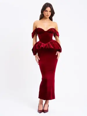 MISS CIRCLE NEW YORK Velvet Off Shoulder Peplum Maxi Dress