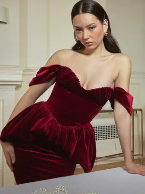 MISS CIRCLE NEW YORK Velvet Off Shoulder Peplum Maxi Dress