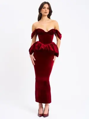 MISS CIRCLE NEW YORK Velvet Off Shoulder Peplum Maxi Dress