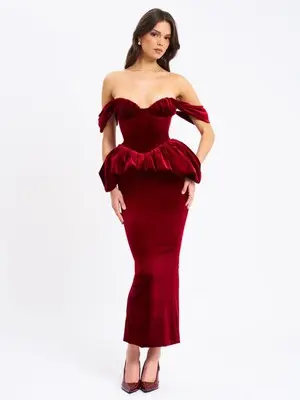 MISS CIRCLE NEW YORK Velvet Off Shoulder Peplum Maxi Dress