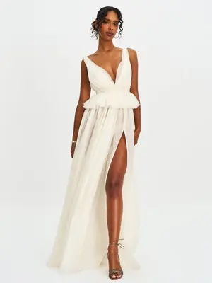 MISS CIRCLE Calleigh Flare Beaded Belt Maxi Gown