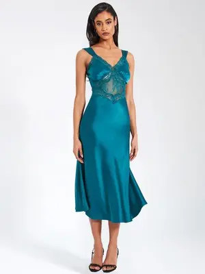 MISS CIRCLE NEW YORK Satin And Lace Midi Slip Dress