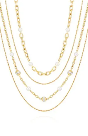 Vince Camuto Layered Chain Pearl Necklace - 14k Gold Plated