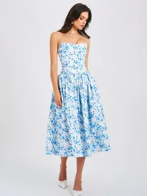MISS CIRCLE NEW YORK Paloma Linen Corset Draping Top Midi Dress