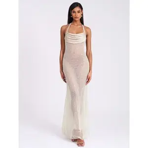 MISS CIRCLE Halter Backless Beaded Mesh Gown