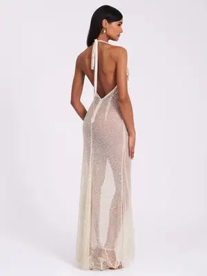 MISS CIRCLE Halter Backless Beaded Mesh Gown