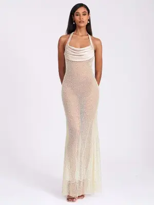 MISS CIRCLE Halter Backless Beaded Mesh Gown