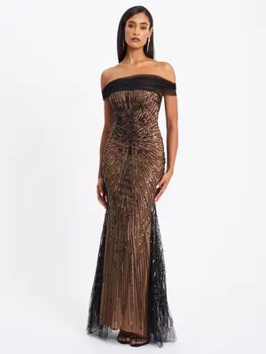MISS CIRCLE NEW YORK Embroidered Sequin Off Shoulder Mesh Gown