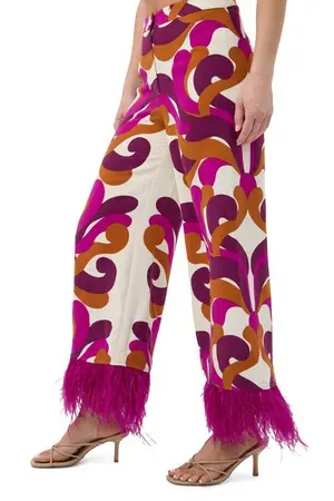 Trina Turk Printed Cropped Feather Trim Pants