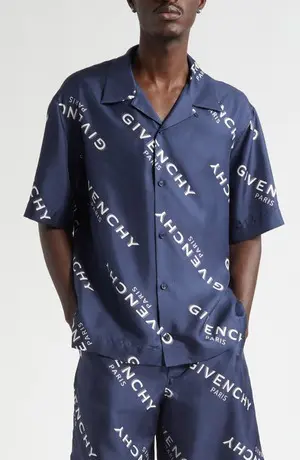 Givenchy Logo Print Silk Bowling Shirt - Navy