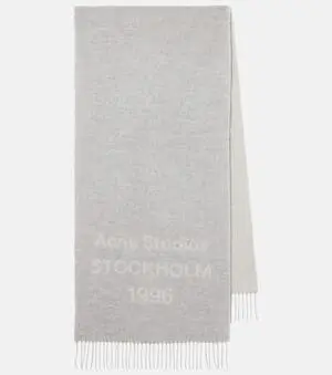 Acne Studios Fringed Logo Wool Jacquard Scarf - Grey