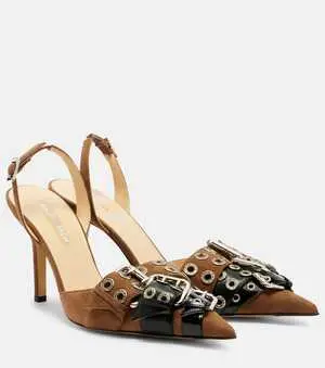 Mach & Mach Buckle Belt 95 Suede Slingback Pumps - Brown