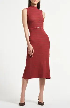 ISAAC MIZRAHI NEW YORK Sleeveless Rib Midi Sweater Dress - Red/dachshund