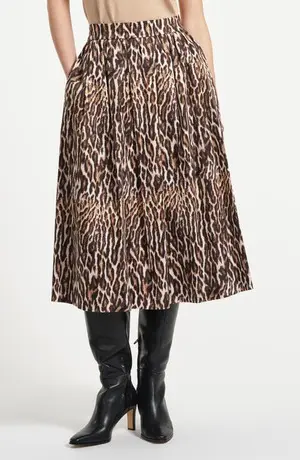 ISAAC MIZRAHI NEW YORK Stretch Cotton Sateen Midi Skirt - Leopard