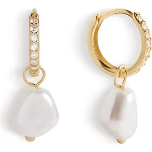 MINT & LILY Freshwater Pearl Drop Pavé Huggie Earrings - 18k Gold Over Sterling Silver